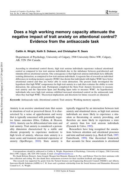 Pdf Does A High Working Memory Capacity Attenuate The Negative Impact Of Trait Anxiety On