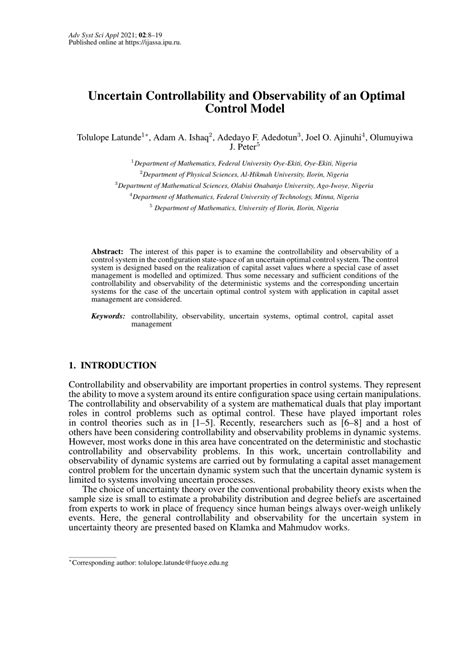 pdf uncertain controllability and observability of an optimal control