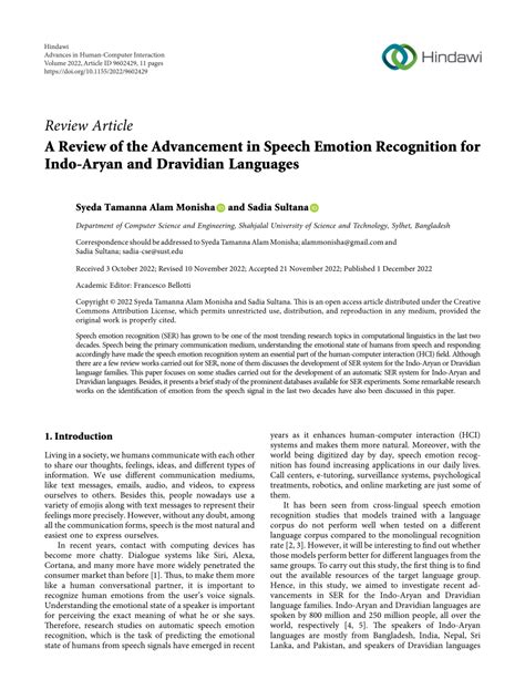Pdf A Review Of The Advancement In Speech Emotion Recognition For Indo Aryan And Dravidian