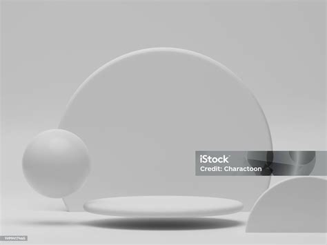 3d 렌더링은 빈 배경에 최소한의 흰색 원형 제품 연단 쇼케이스 디스플레이를 표시합니다 떠 있는 공과 원형 패널 배경 모형 그림