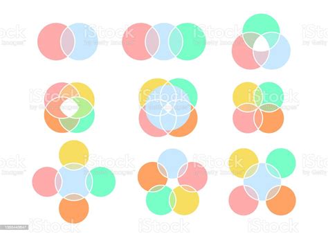색상 벤 다이어그램 그래프 원 교차점의 유형 교차 원의 형태로 정보를 표시하는 방법 수학 인포그래픽 2 3 4 5 및 6 교차로 영역 벡터 일러스트레이션 원형에 대한 스톡