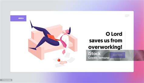 미루기 과로 번아웃 증상 방문 페이지 템플릿 소파에 작업 장소에서 자 고 낮은 에너지 파워와 게으른 지루하거나 피곤 한 실업가