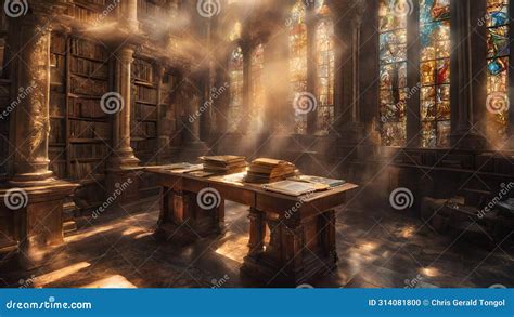 Grand Library Filled with Ancient Tomes and Mystical Artifacts. Sunlight Streams through Stained ...
