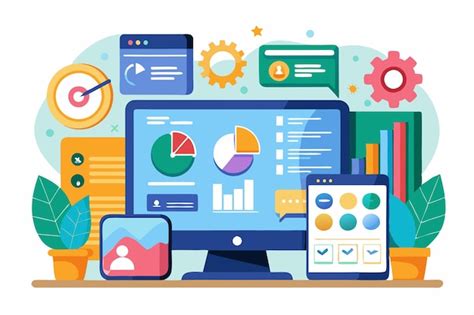 A Colorful Cartoon Dashboard Displays Charts And Analytics Tools On Digital Devices And A Desk