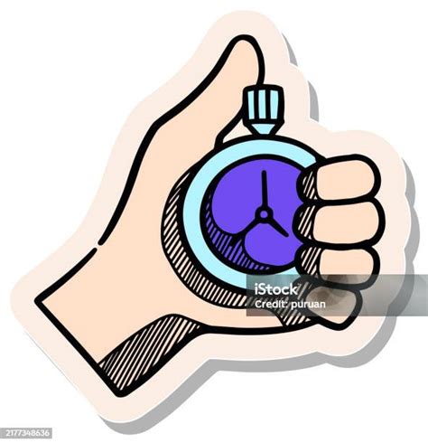 손으로 그린 스티커 스타일 손 들고 스톱워치 아이콘 벡터 일러스트 레이 션 개념에 대한 스톡 벡터 아트 및 기타 이미지 개념 경쟁 계시기 Istock