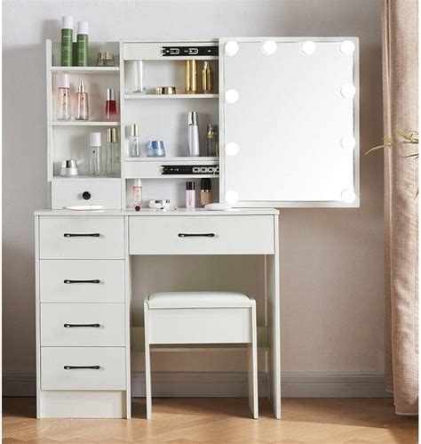 조명 거울이 있는 메이크업 화장대 테이블 3가지 색상 조명이 화이트 드레싱 서랍이 세트 책상 숨겨진 선반 티몬