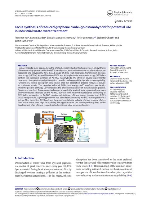 Pdf Facile Synthesis Of Reduced Graphene Oxidegold Nanohybrid For Potential Use In Industrial