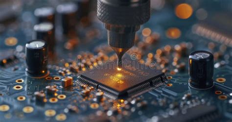 The Focused Task Of Soldering A Computer Chip Onto A Circuit Board