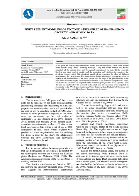 Pdf Finite Element Modeling Of Tectonic Stress Field Of Iran Based On
