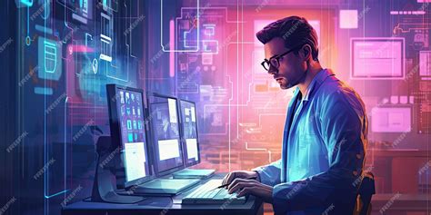 Premium Photo A Man Standing Behind A Computer Terminal In The Style Of Vibrant Illustrations