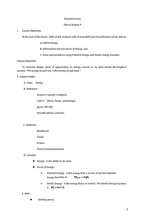 Energy Classroom Observation Materials Detailed Lesson Plan In Science I Lesson
