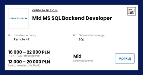 Praca Mid Ms Sql Backend Developer Backend Optidata Zdalnie No
