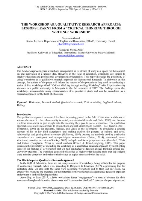 Pdf The Workshop As A Qualitative Research Approach Lessons Learnt From A “critical Thinking