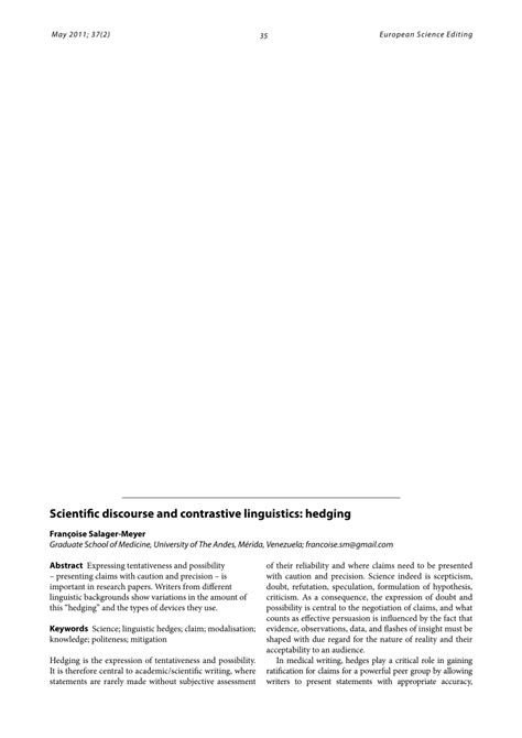 Pdf Scientific Discourse And Contrastive Linguistics Hedging