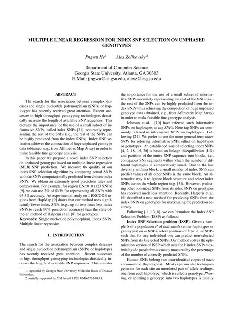 Pdf Multiple Linear Regression For Index Snp Selection On Unphased