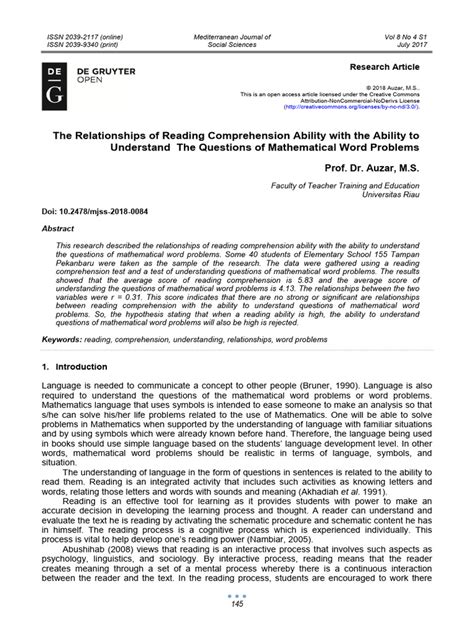 The Relationships Of Reading Comprehension Ability Pdf Reading Comprehension Mathematics