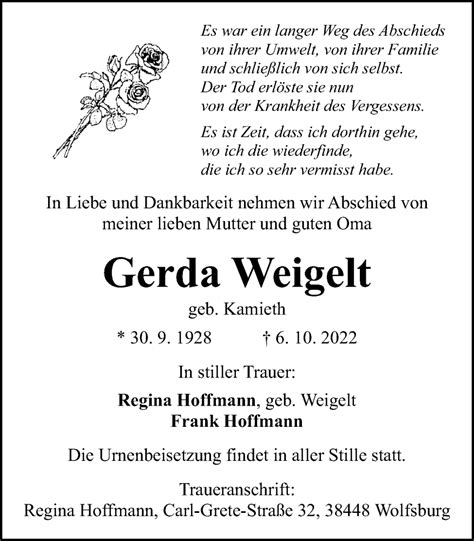 Traueranzeigen Von Gerda Weigelt Trauer Anzeigen De