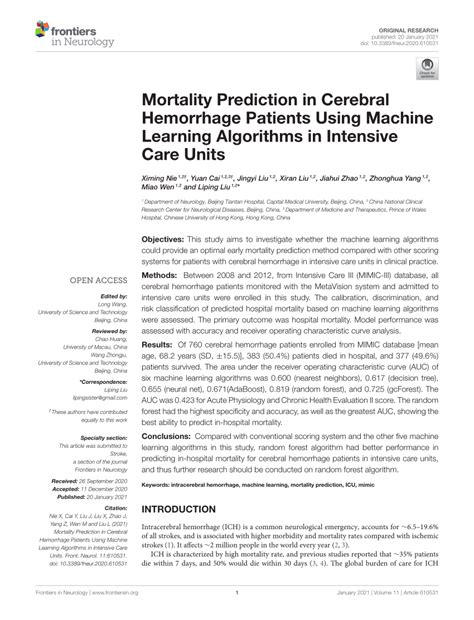 Full Article Mortality Prediction In Cerebral Hemorrhage Patients