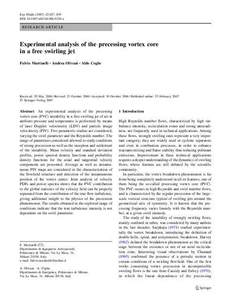 Pdf Experimental Analysis Of The Precessing Vortex Core In A Free