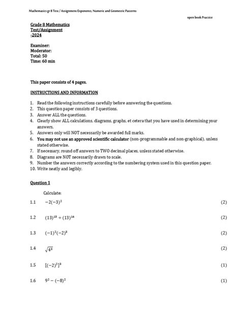 Grade 8 Maths Assignment Exponents Numeric And Geometric Patterns 2024 Eng Pdf