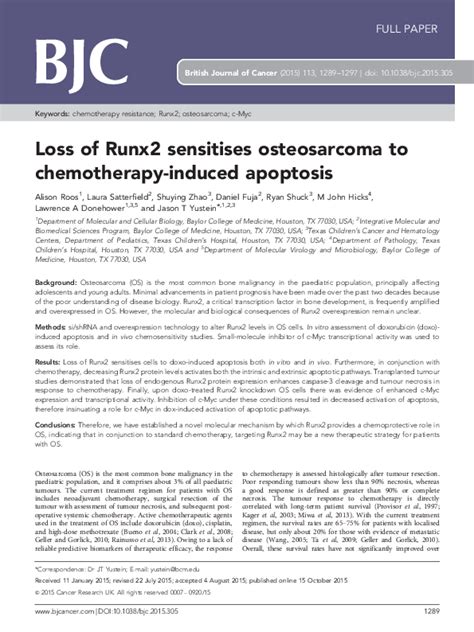 Pdf Loss Of Runx2 Sensitises Osteosarcoma To Chemotherapy Induced Apoptosis Jason Yustein