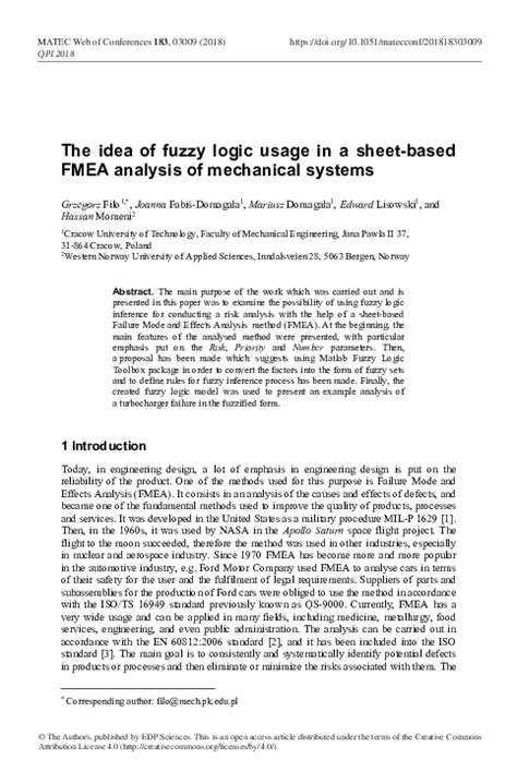 Pdf The Idea Of Fuzzy Logic Usage In A Sheet Based Fmea Analysis Of