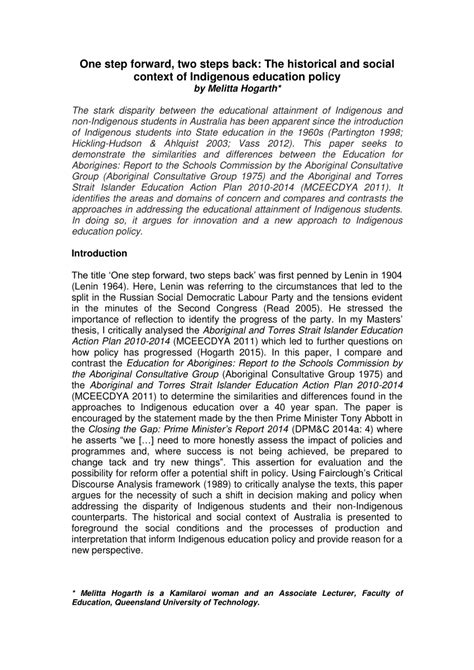 Pdf One Step Forward Two Steps Back The Historical And Social Context Of Indigenous