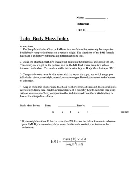 Body Mass Index Bmi Worksheet Template Printable Pdf Download