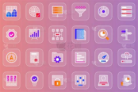 大数据分析网页玻璃化图标设置。包大纲象形图的图形和图表，商业统计，会计，数据库，云计算，设置等。矢量素材 花瓣网