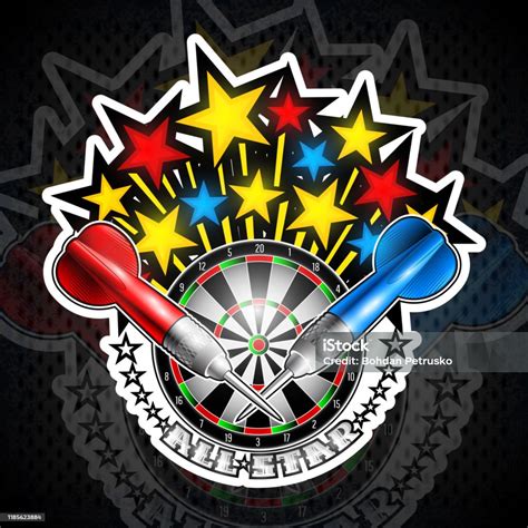 빨간색과 파란색 다트와 다트보드에서 밖으로 Flaying 컬러 별 모든 다트 게임 또는 챔피언십스포츠 라벨 3에 대한 스톡 벡터 아트 및 기타 이미지 Istock