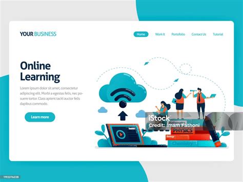 클라우드 인터넷 데이터베이스를 사용하여 온라인 학습 또는 E러닝 학교 운동과 교과서를 노트북에 보관할 수 있습니다 현대 교육 기술을 공부한다 벡터 일러스트레이션 랜딩 페이지