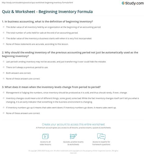 Quiz And Worksheet Beginning Inventory Formula