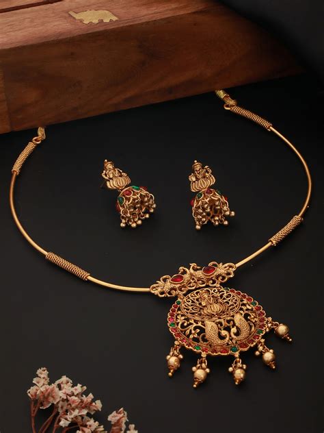 Priyaasi Goddess Laxmi Peacock Kemp Stone Gold Plated Jewellery Set