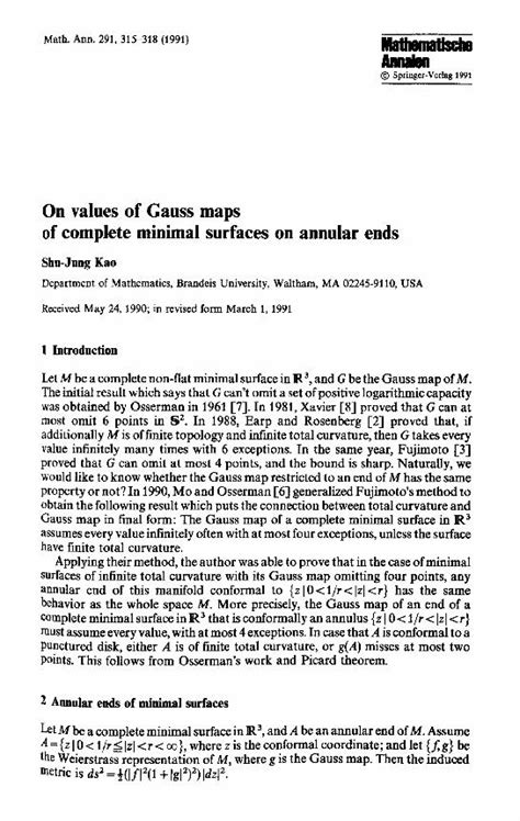 Pdf On Values Of Gauss Maps Of Complete Minimal Surfaces On Annular