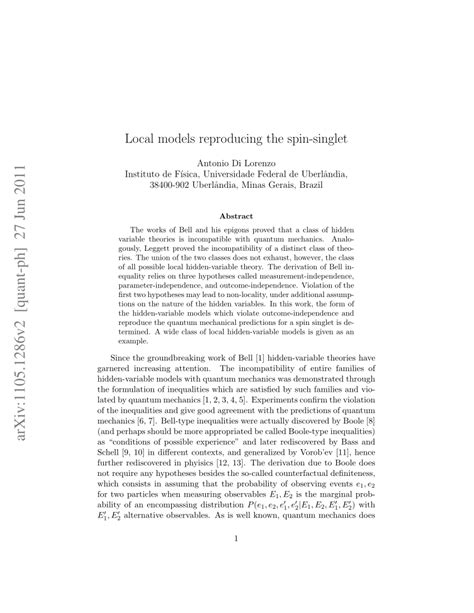 Pdf Determination Of Hidden Variable Models Reproducing The Spin Singlet