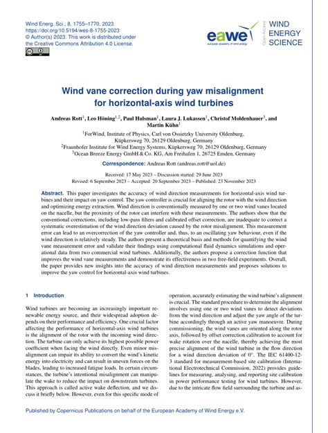 Pdf Wind Vane Correction During Yaw Misalignment For Horizontal Axis