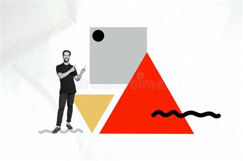 Sketch Design Trend Artwork Photo Collage Of Young Man Stand Finger Point Showing Cube Triangle