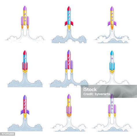 알려지지 않은 공간으로 로켓 발사 우주 숨막히는 공간 과학을 탐구 한다 얇은 선 3d 벡터 일러스트 세트 흰색 절연 개체 그룹에 대한 스톡 벡터 아트 및 기타 이미지