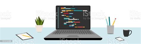 Coding And Programming Software On Window Laptop Computer Screen Concept Vector Flat Design ...