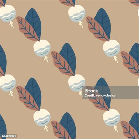 파스텔 무와 함께 매끄러운 음식 패턴 베이지 색 배경에 야채 장식 고풍스런에 대한 스톡 벡터 아트 및 기타 이미지 고풍스런