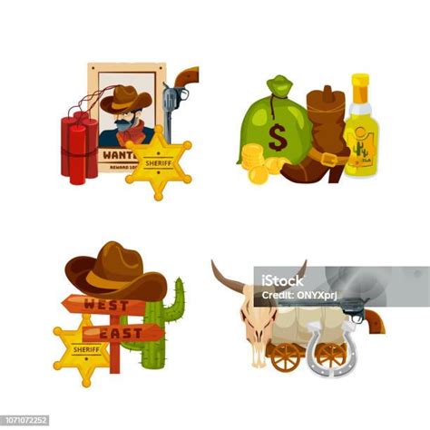 벡터 만화 와일드 웨스트 요소 더미 설정된에 고립 된 흰색 배경 일러스트 레이 션 개척시대의 서부에 대한 스톡 벡터 아트 및