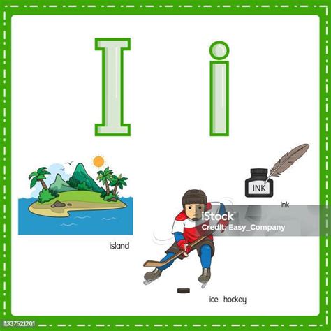 3 만화 이미지를 가진 어린이를위한 소문자와 대문자 모두에서 문자 I를 학습하기위한 벡터 그림 아일랜드 아이스하키 잉크 Championship에 대한 스톡 벡터 아트 및