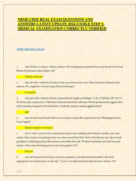 Nbme Cbse Real Exam Questions And Answers Usmle Step 1 Verified Medical Examination Prep