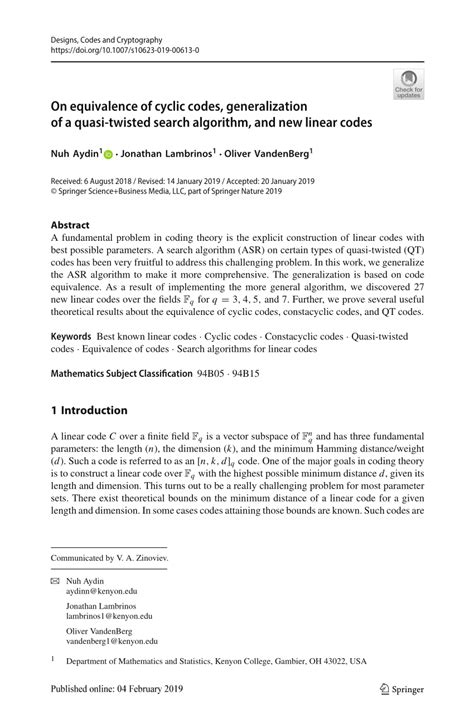 Pdf On Equivalence Of Cyclic Codes Generalization Of A Quasi Twisted Search Algorithm And
