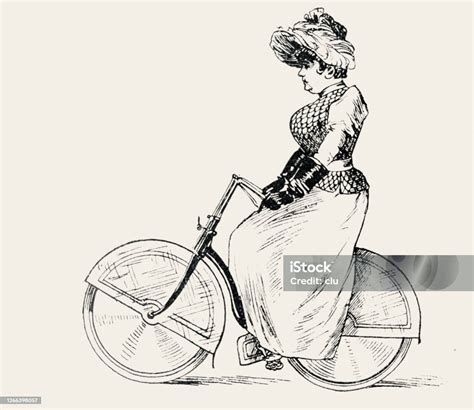 먼지 덮개가달린 자전거에 모자를 쓴 여성 흰색 배경의 측면 보기 두발자전거에 대한 스톡 벡터 아트 및 기타 이미지 두발자전거 빅토리아 스타일 여자 Istock