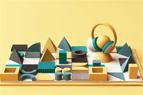 녹색과 노란색 톤의 기하학적 모양의 구성헤드폰 3d 렌더링 0명에 대한 스톡 사진 및 기타 이미지 0명 3차원 형태 가능성 Istock