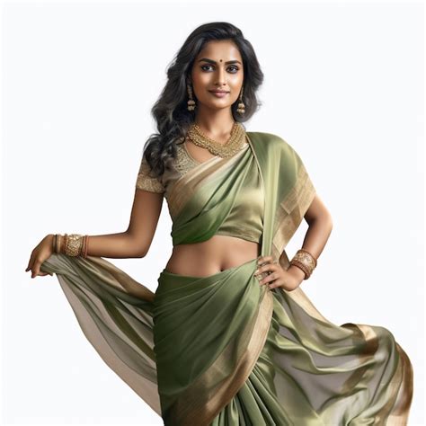 Una Hermosa Chica India Con Un Sari Tradicional En Un Fondo Blanco Con