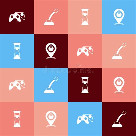 Set Pop Art Game Controller Or Joystick Microphone Old Hourglass And