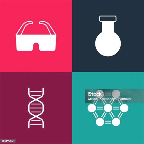 ตั้งค่าป๊อปอาร์ตโมเลกุลสัญลักษณ์ดีเอ็นเอหลอดทดลองและขวดและไอคอนแว่นตานิรภัย เวกเตอร์ ภาพประกอบ