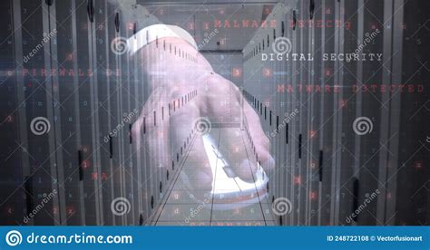 Image Of Data Processing Cyber Attack Warning Over Man Using Mouse And Computer Servers Stock